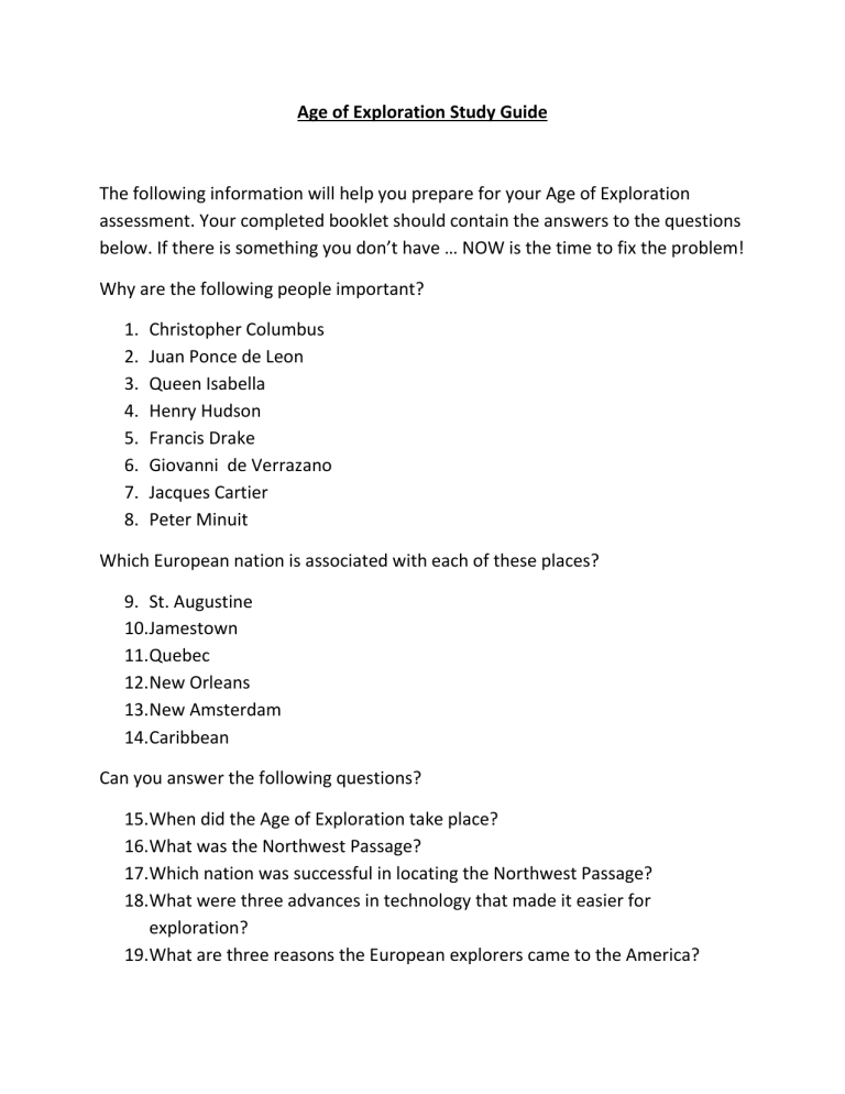 Age of Exploration Study Guide