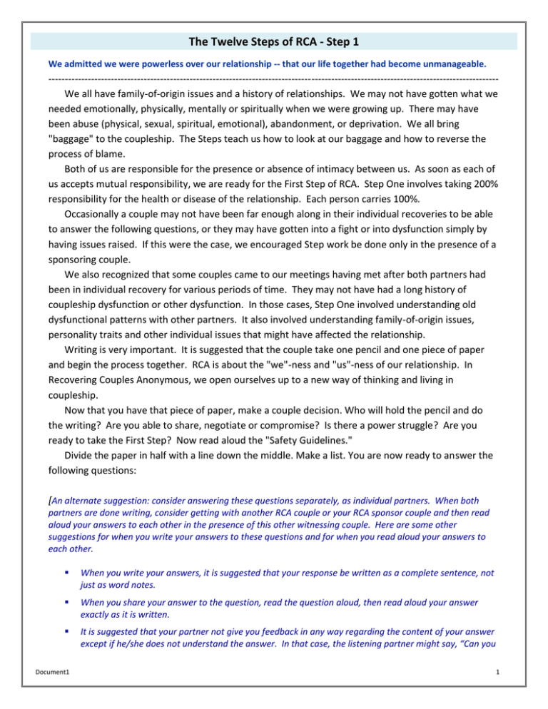 RCA Step 1: Powerlessness & Unmanageability in Relationships