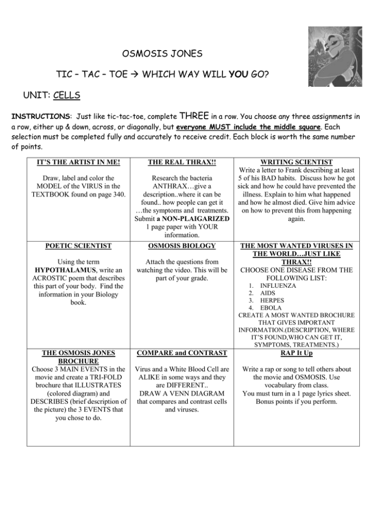 Osmosis Jones Cell Unit Tic-Tac-Toe Worksheet