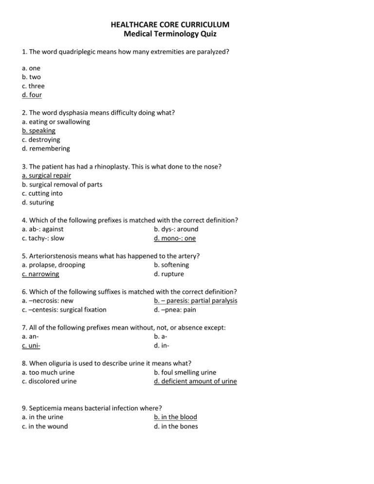 Medical Terminology Quiz - Healthcare Core Curriculum
