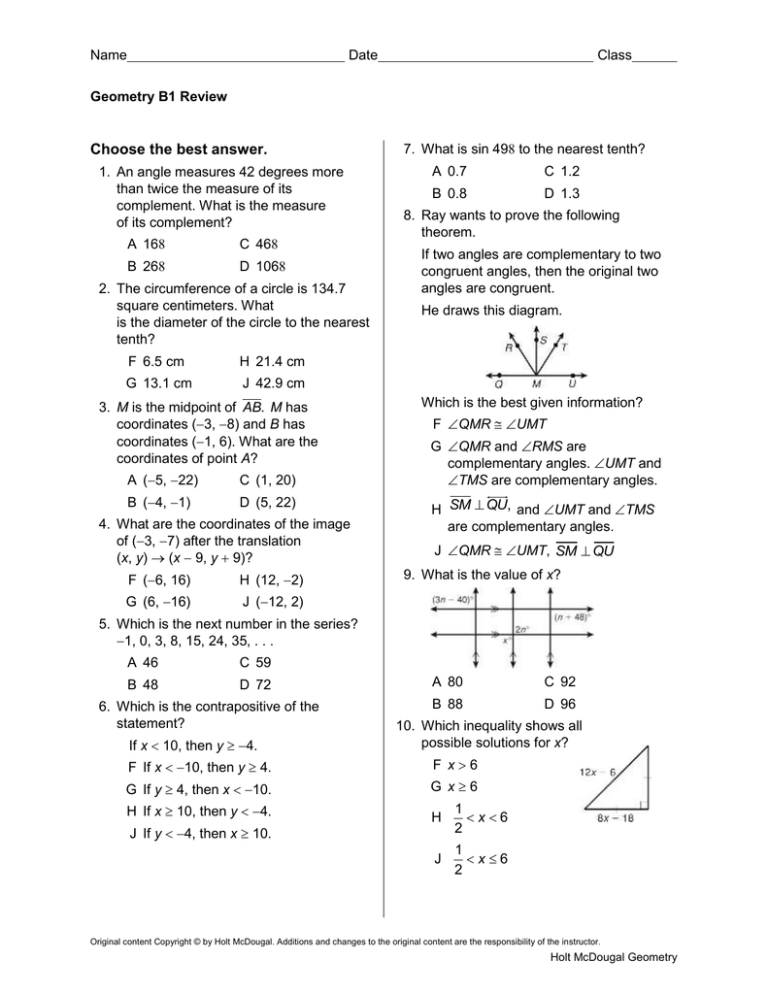 Geometry B1 Review: Practice Questions & Answers