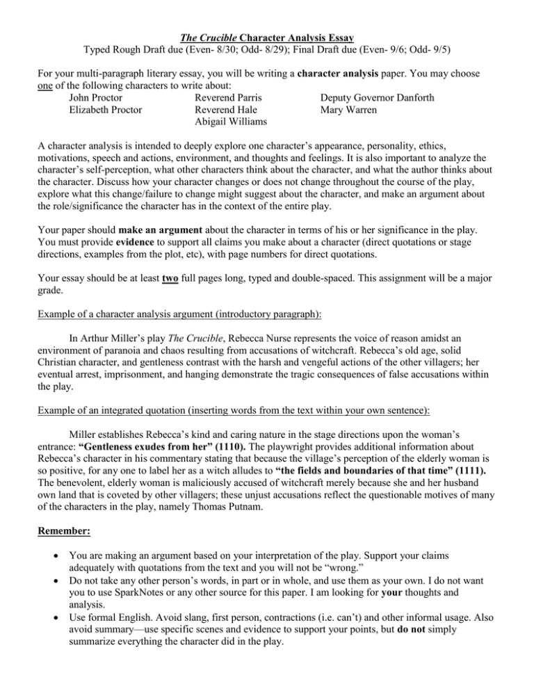 The Crucible Character Analysis Essay Assignment