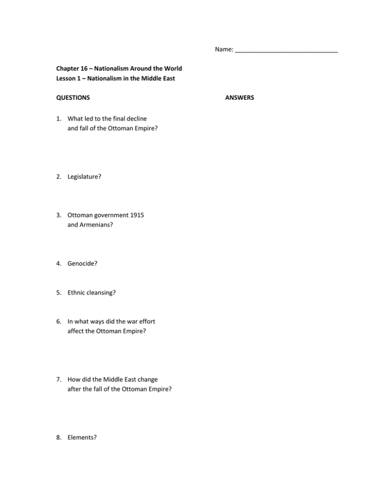 Nationalism Around the World Worksheet