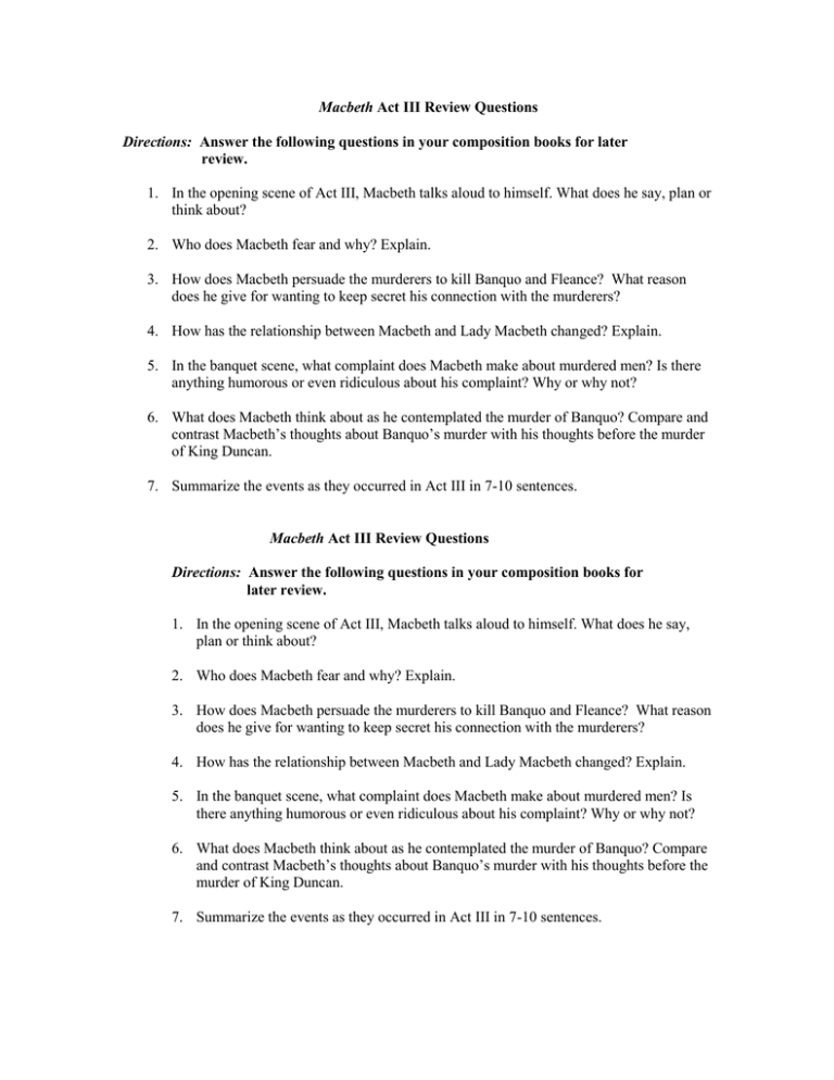 Macbeth Act III Review Questions