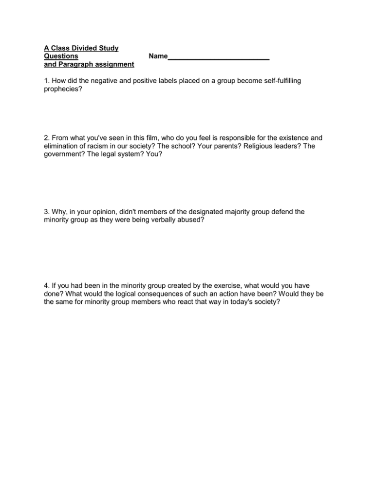 A Class Divided Study Questions Worksheet