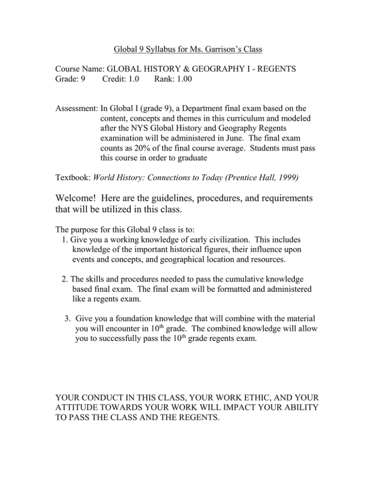 Global History 9 Syllabus: Regents Prep