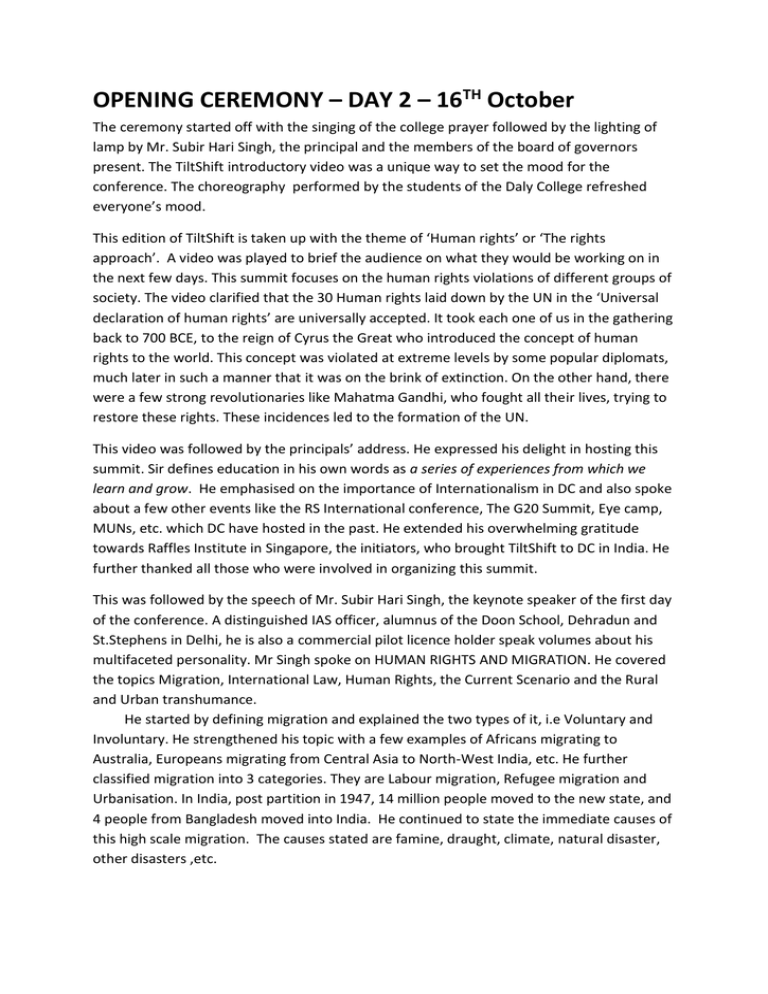 OPENING CEREMONY – DAY 2 – 16 TH October