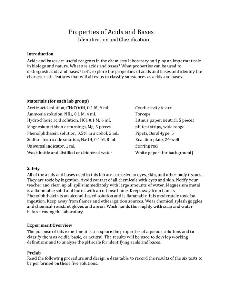 Acids and Bases Lab: Properties, Identification, & Classification