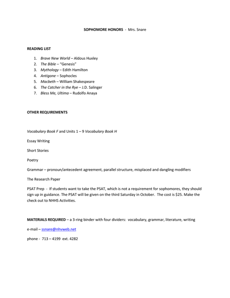 SOPHOMORE HONORS syllabus