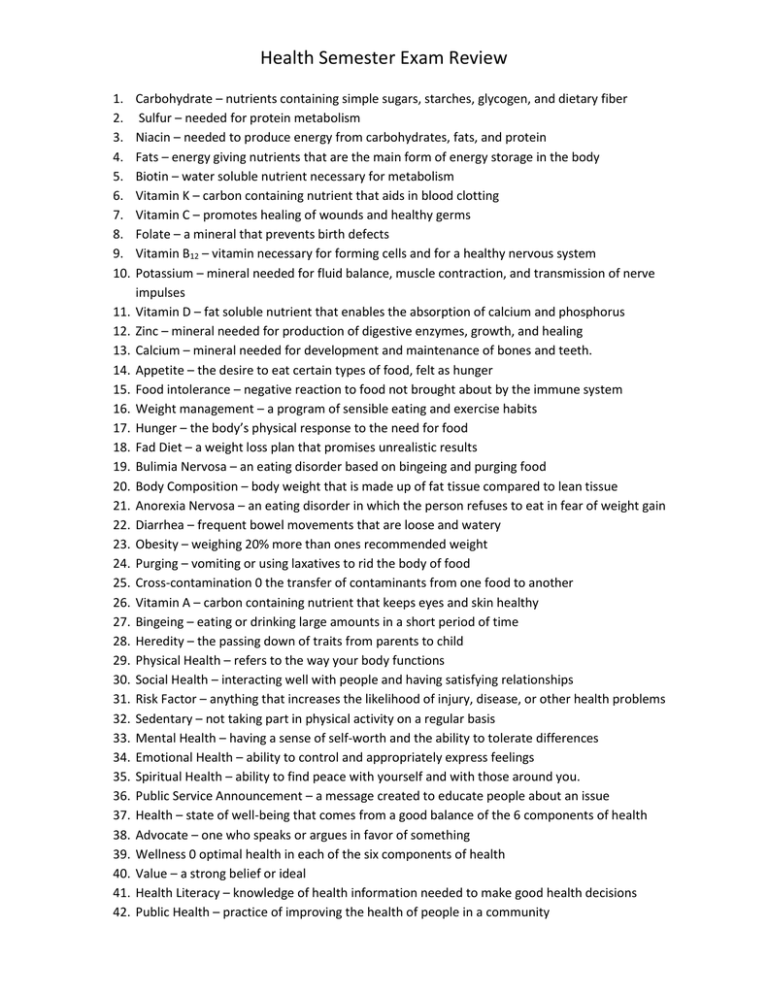 Health Semester Exam Review - High School