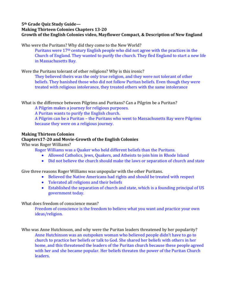 5th Grade Colonies Quiz Study Guide: Puritans & More