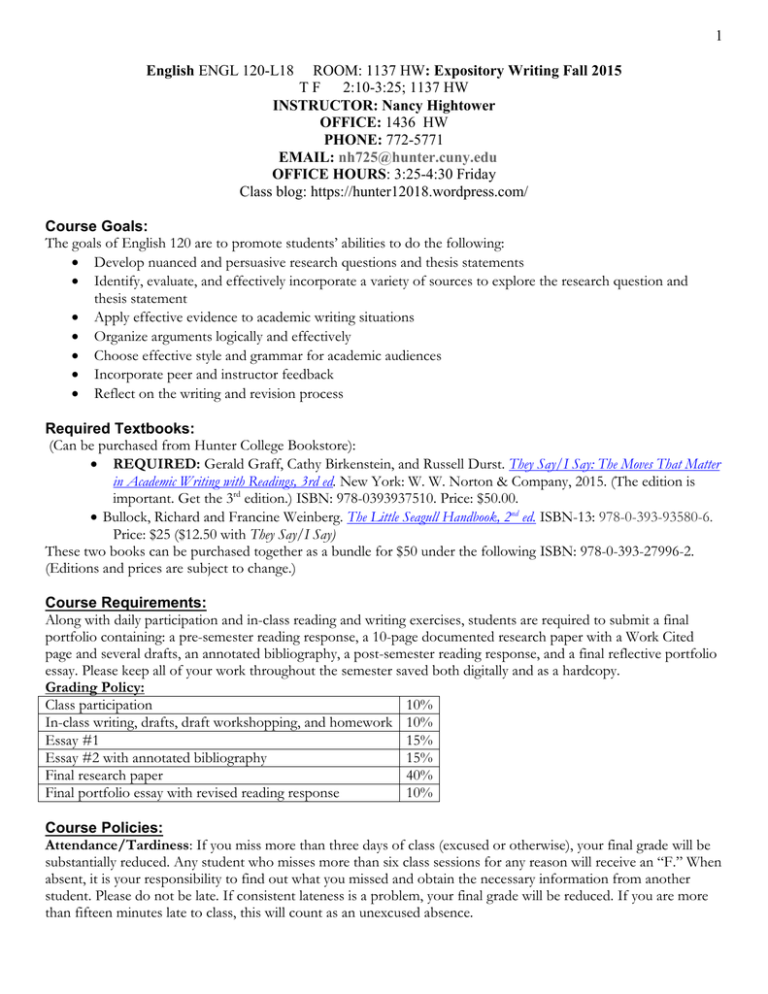 English 120 Syllabus: Expository Writing, Fall 2015