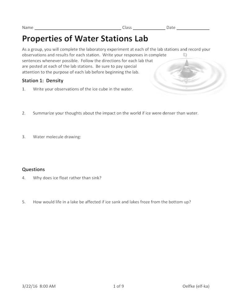 Properties of Water Lab: High School Chemistry Worksheet