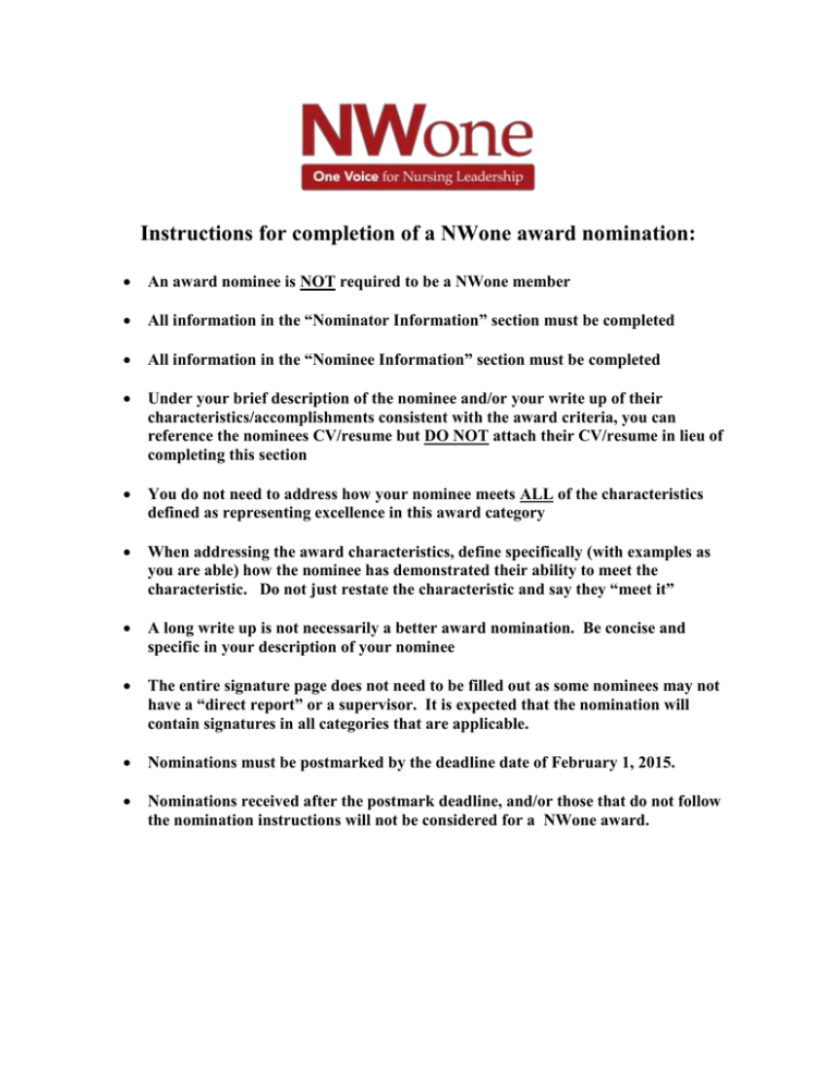 NWone Emerging Nurse Leader Award Nomination Form