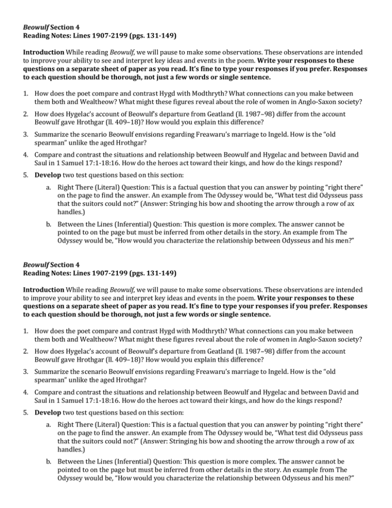 Beowulf Section 4 Reading Notes: Analysis & Questions