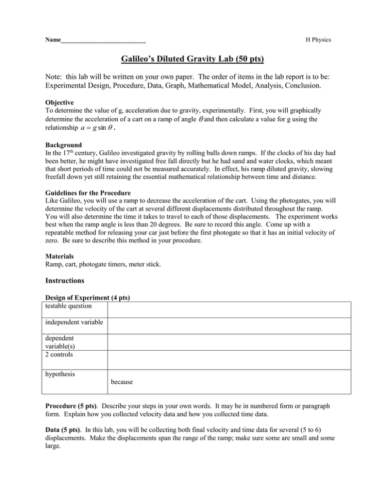 Galileo's Diluted Gravity Lab Report - Physics Experiment
