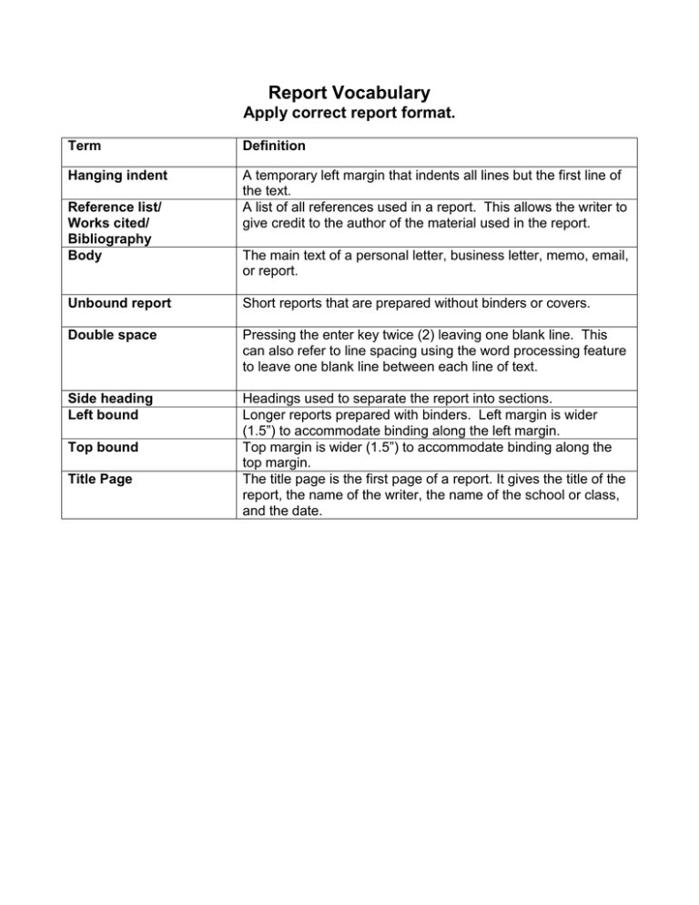 Report Vocabulary: Key Terms & Definitions