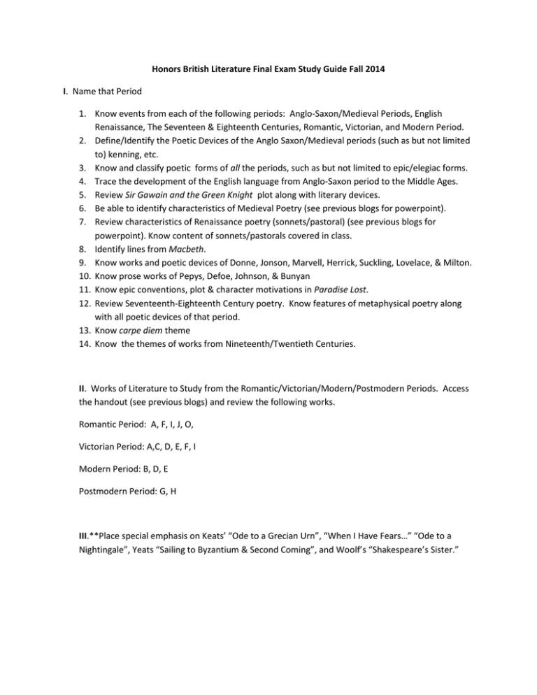 Honors British Literature Final Exam Study Guide Fall 2014 Honors British Literature Final Exam Study Guide Fall 2014