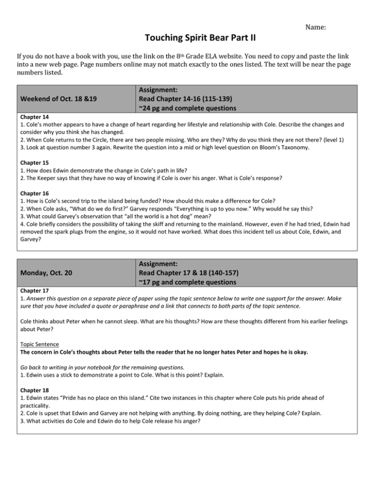 Touching Spirit Bear Part II Worksheet