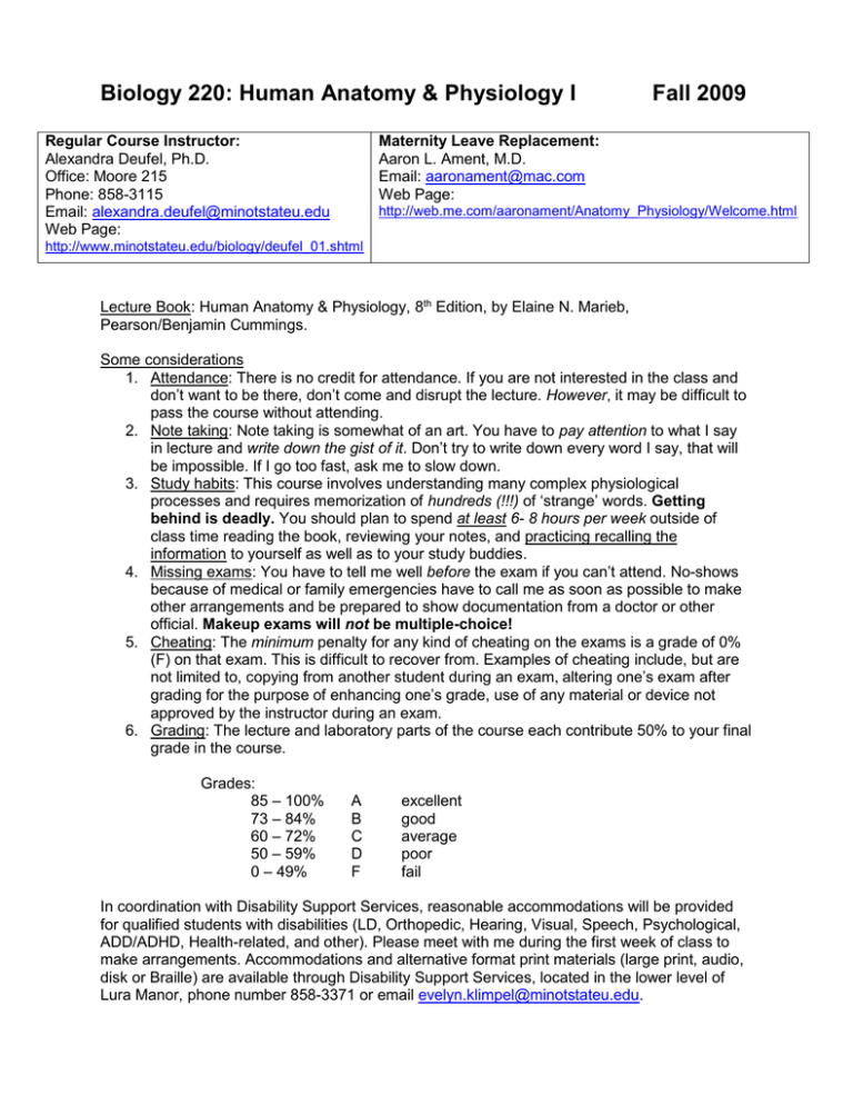 Human Anatomy & Physiology I Syllabus - Fall 2009