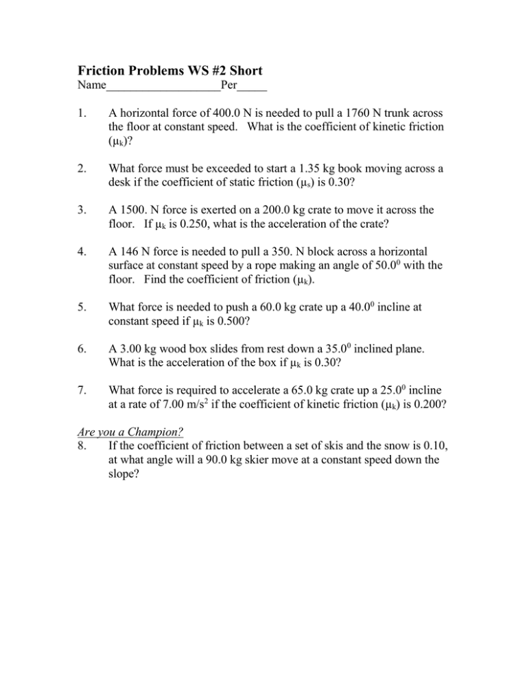 Friction Problems Worksheet: Physics Practice