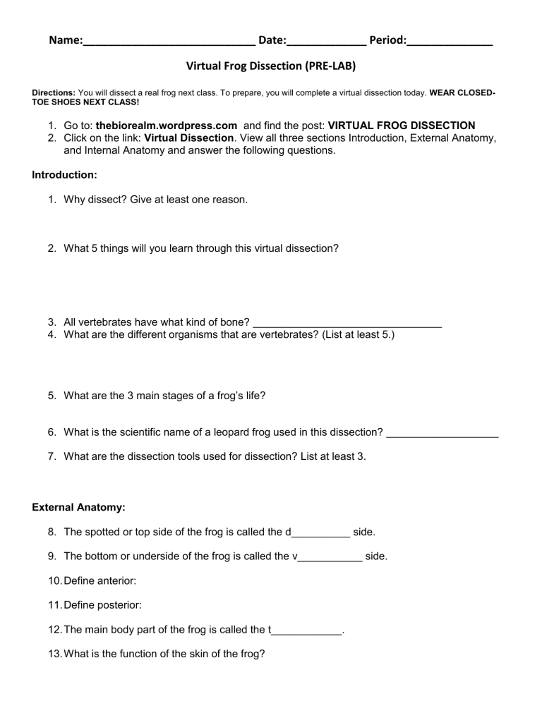 Virtual Frog Dissection Pre-Lab Worksheet