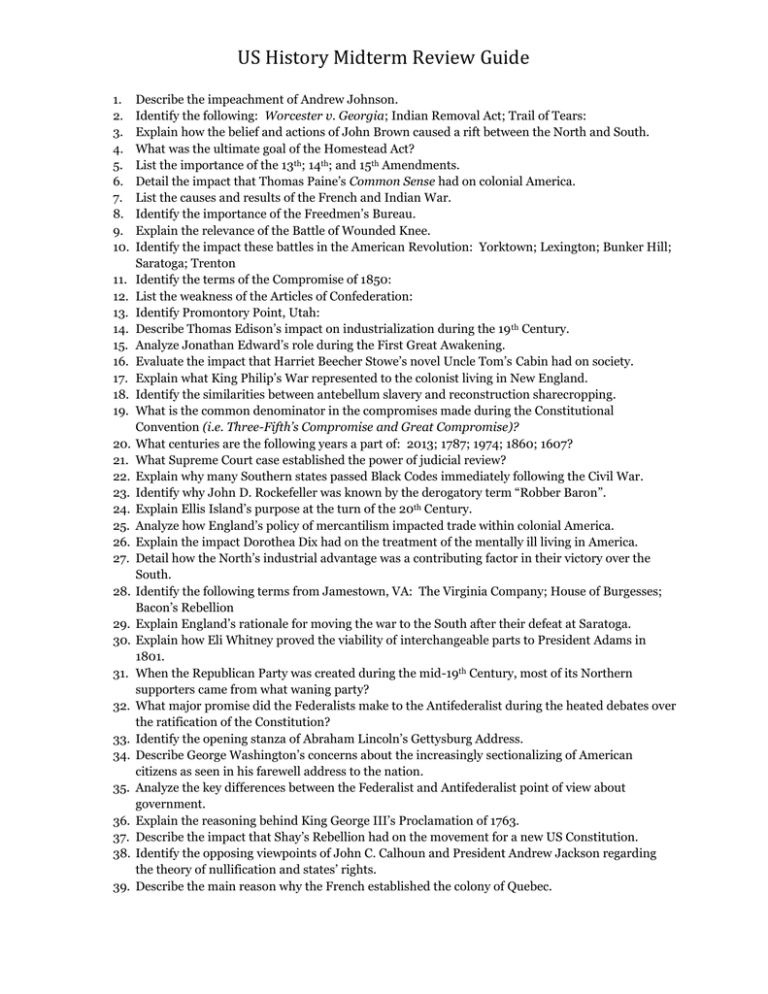 US History Midterm Review Guide