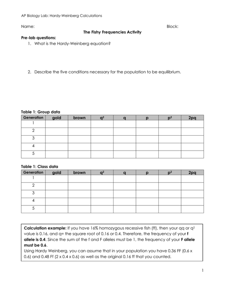 Hardy-Weinberg Lab: Fishy Frequencies & Calculations