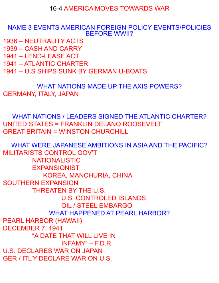 America Moves Towards War: WWII Study Guide