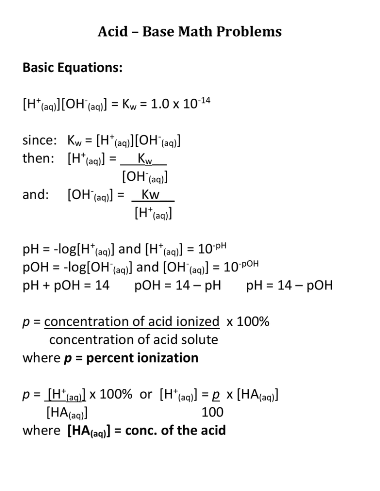 Acid-Base Chemistry Problems: pH, Ka, Kb Calculations