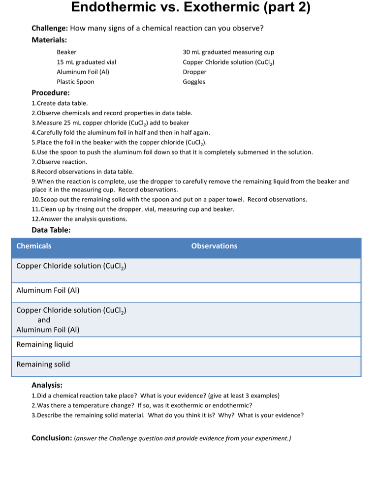 Endothermic vs. Exothermic Lab Worksheet