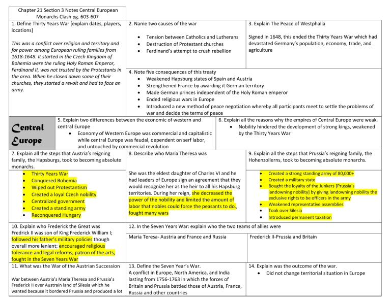 Central European Monarchs & Thirty Years' War Notes