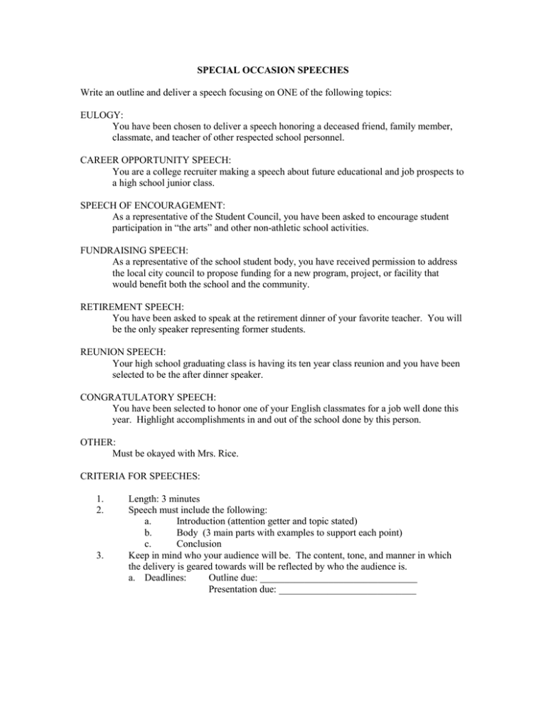 Special Occasion Speech Assignment: High School