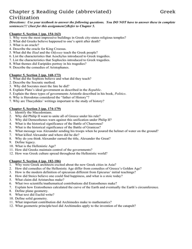 Greek Civilization Reading Guide: Chapter 5