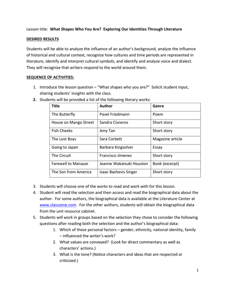 Identity in Literature: Lesson Plan for Middle School