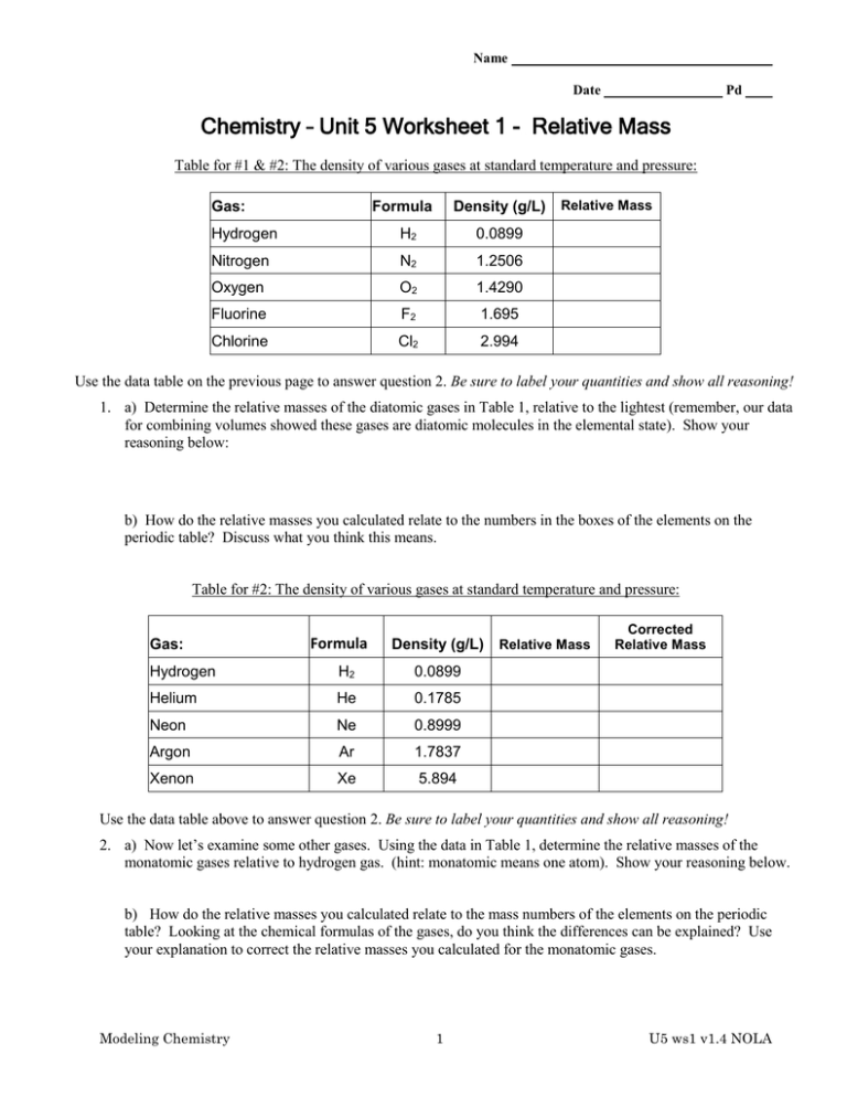 Chemistry Relative Mass Worksheet: Diatomic & Monatomic Gases