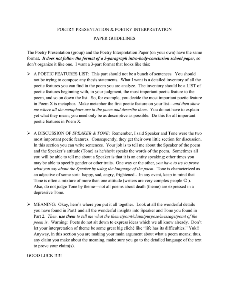 POETRY PRESENTATION & POETRY INTERPRETATION PAPER