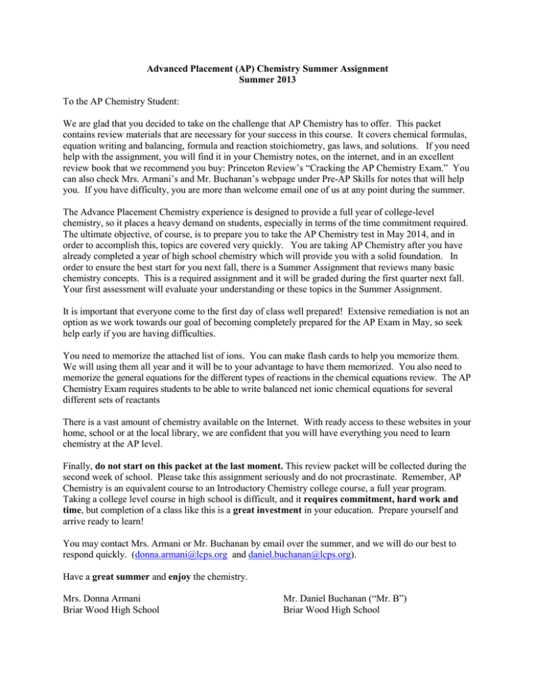 AP Chemistry Summer Assignment: Formulas, Equations, Stoichiometry