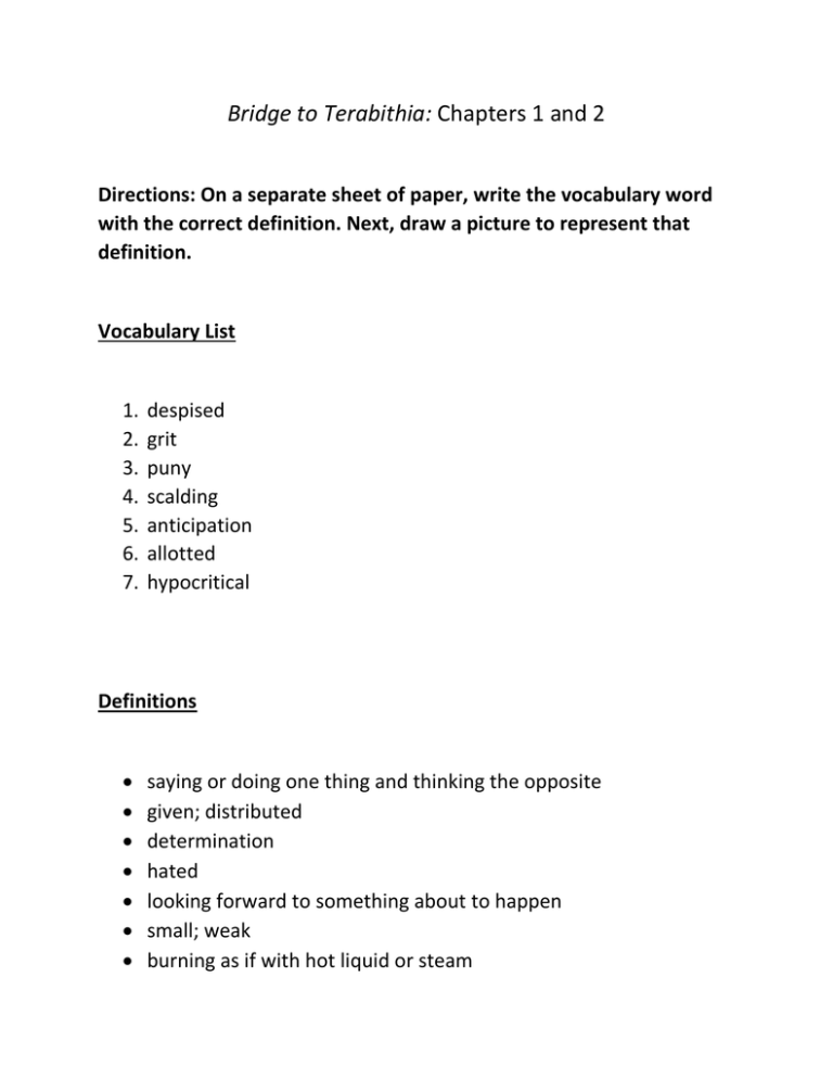 Bridge to Terabithia Vocabulary Worksheet