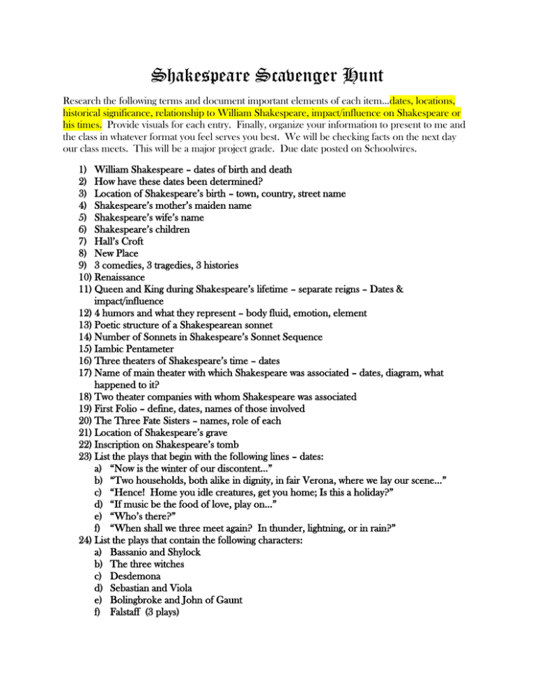 Shakespeare Scavenger Hunt Research the following terms and