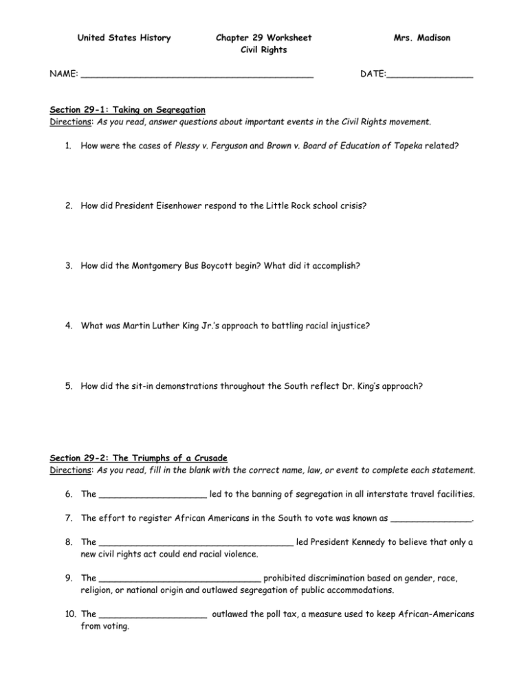 Civil Rights Movement Worksheet: US History Chapter 29