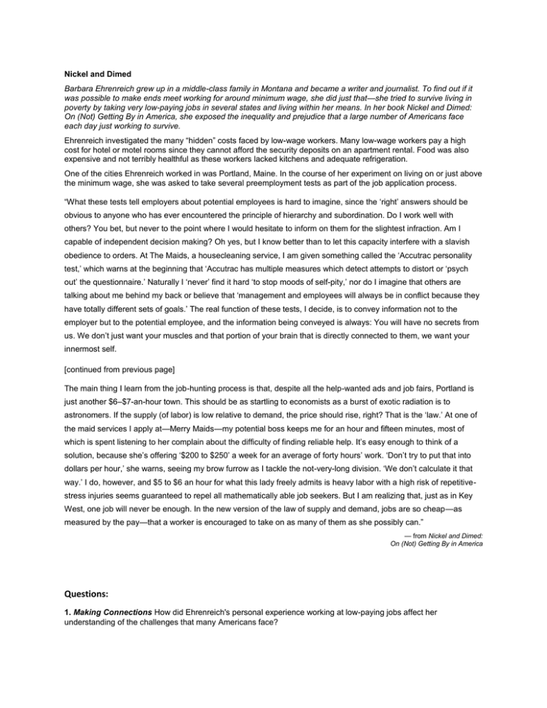 Nickel and Dimed Excerpt: Poverty & Low-Wage Work