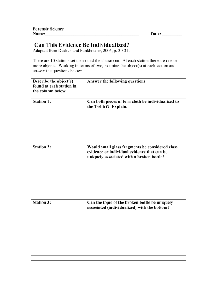 Forensic Science: Individualizing Evidence Worksheet