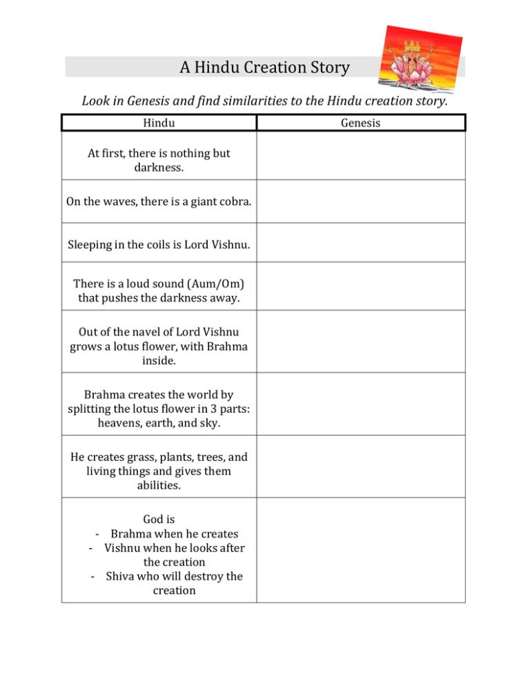 Hindu Creation Story & Genesis Comparison Worksheet