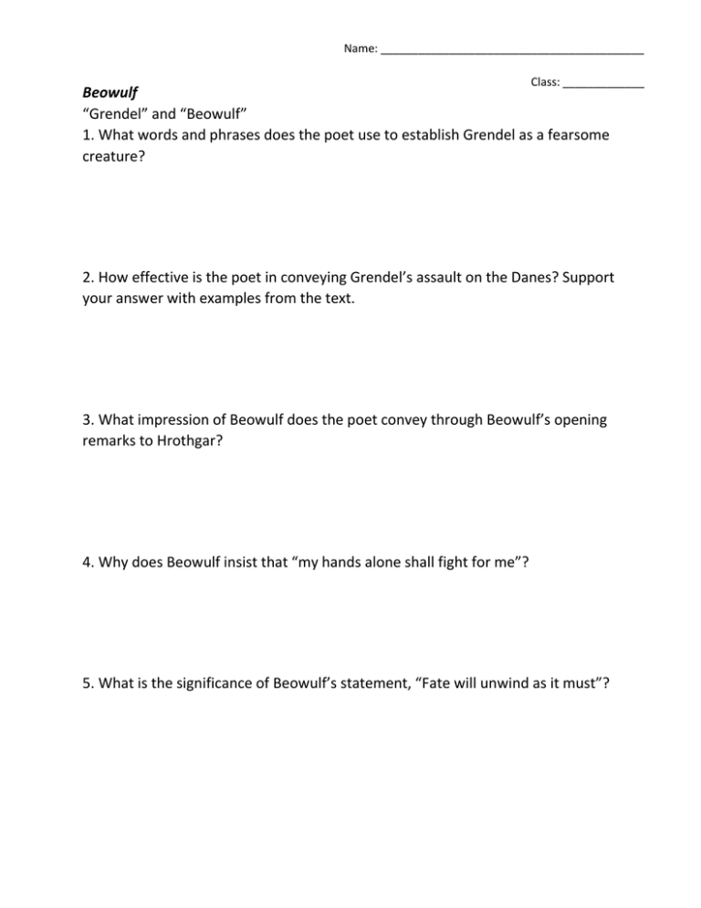 Beowulf Worksheet: Character Analysis & Themes
