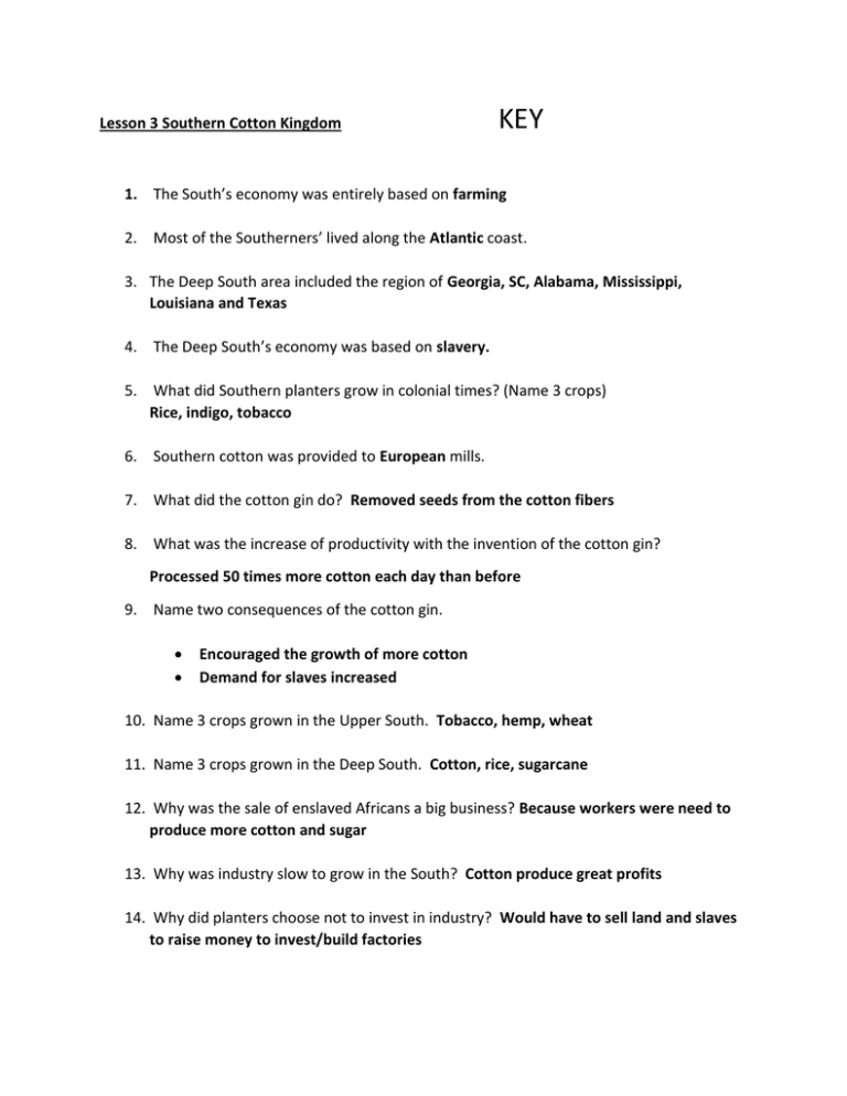 Southern Cotton Kingdom: Economy, Slavery, and Cotton Gin