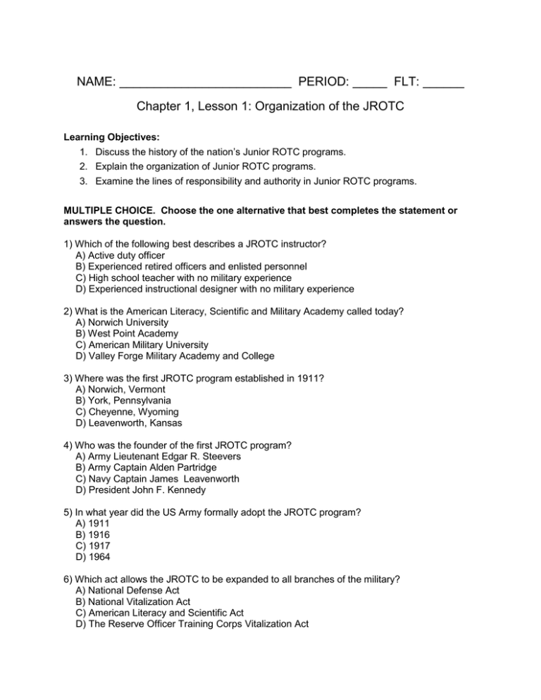 JROTC Organization Worksheet: History & Responsibilities