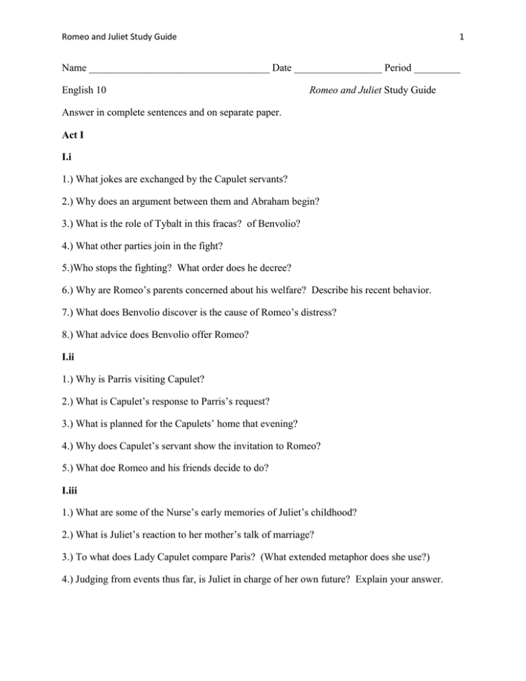 Romeo and Juliet Study Guide: Acts I-IV Questions
