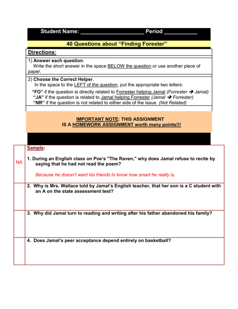 Finding Forrester Movie Questions Worksheet