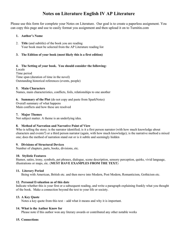 AP Literature Notes Assignment: Book Analysis Guide
